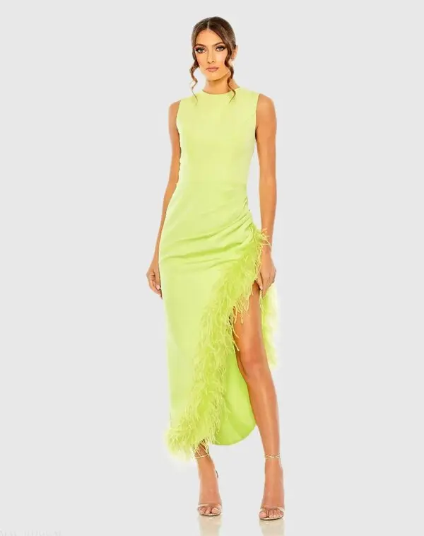 Mac Duggal Ruched High-low Sheath Dress With Feather Trim - Lime