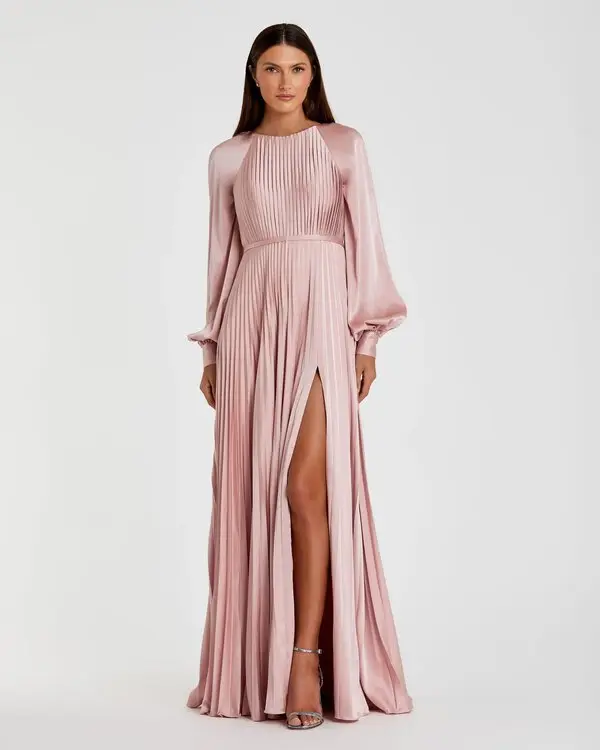 Mac Duggal Pleated High Neck Raglan Long Sleeve Side Slit Gown - Pink