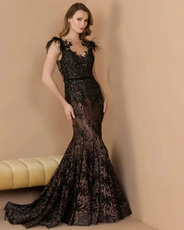 Mac Duggal Embellished Lace Mermaid Gown With Feather Sleeves - Black