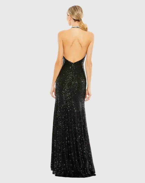 Mac Duggal Sequined High Neck Rhinestone Trim Column Gown - Black