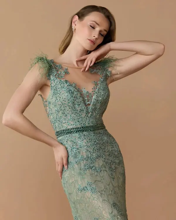 MAC DUGGAL COLLECTION Embellished Lace Gown With Feather Sleeves - Green