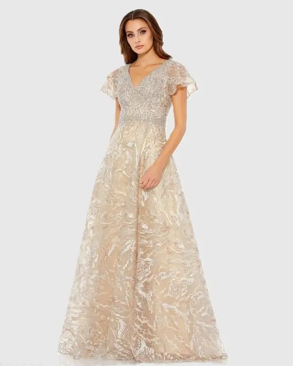Mac Duggal Embellished Illusion Butterfly Sleeve A-line Gown - Neutral