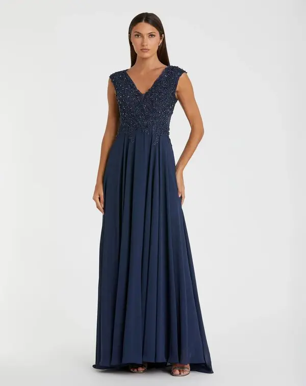 Mac Duggal Cap Sleeve Applique Bodice Flowy Gown - Navy
