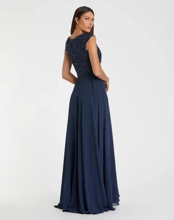 Mac Duggal - Navy Cap Sleeve Applique Bodice Flowy Gown - US 2