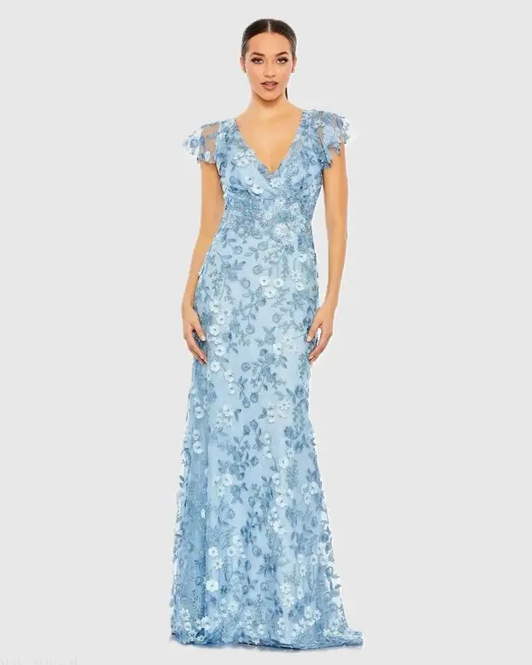 Mac Duggal Embroidered Applique Flutter Sleeve Gown - Blue