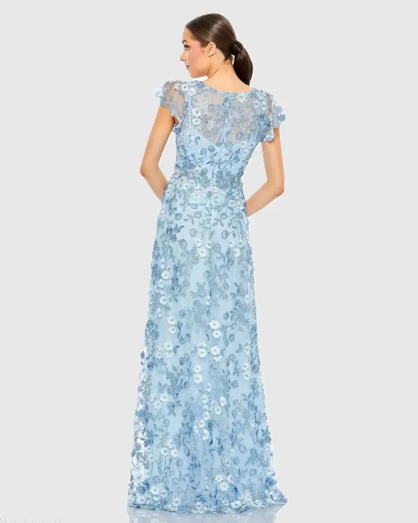 Mac Duggal Embroidered Applique Flutter Sleeve Gown - Blue