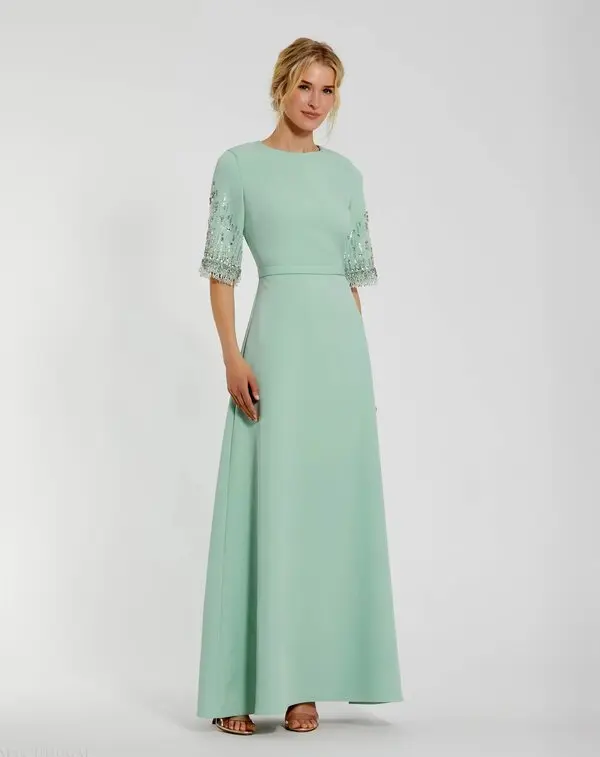 mac duggal green beaded dress Green Scoop Neck Embellished Dress With Bow Detail main image 0