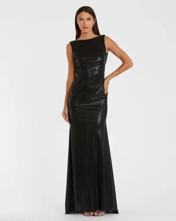 Mac Duggal Metallic Jersey Cowl Back Column Gown - Black