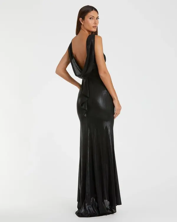 Mac Duggal Metallic Jersey Cowl Back Column Gown - Black