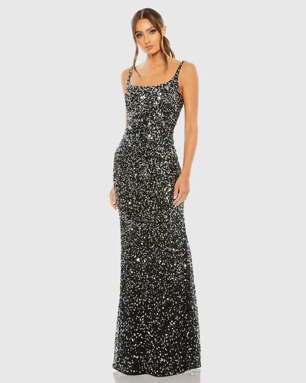 Mac Duggal Sequin Low Back Slip Gown - Black