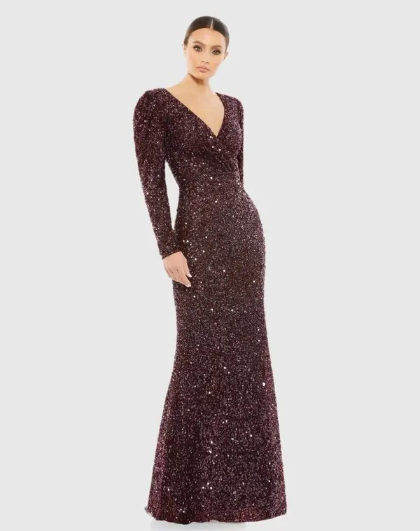Mac Duggal Puff Shoulder Sequin Column Gown