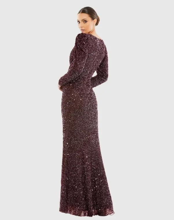 Mac Duggal Puff Shoulder Sequin Column Gown