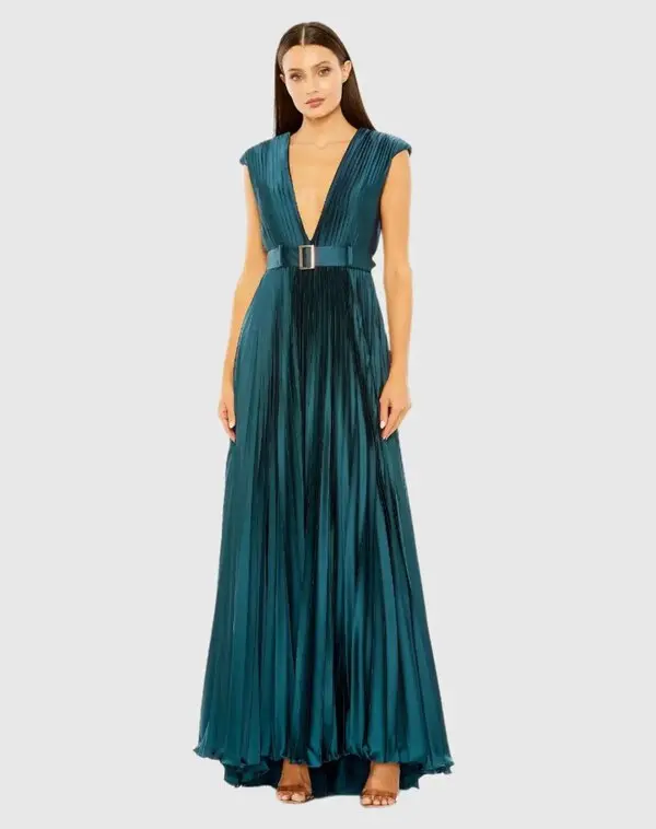 Mac Duggal Pleated Plunge Neck A-line Gown With Belt - Blue