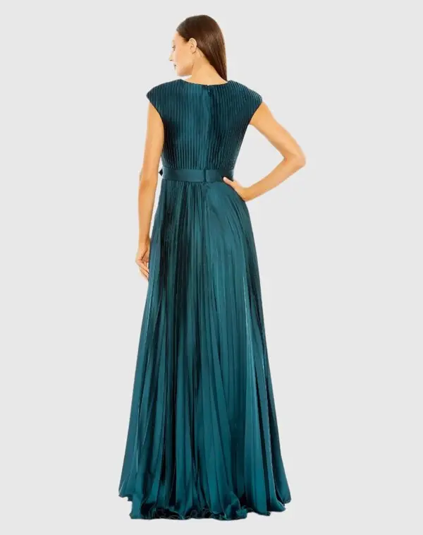 Mac Duggal Pleated Plunge Neck A-line Gown With Belt - Blue