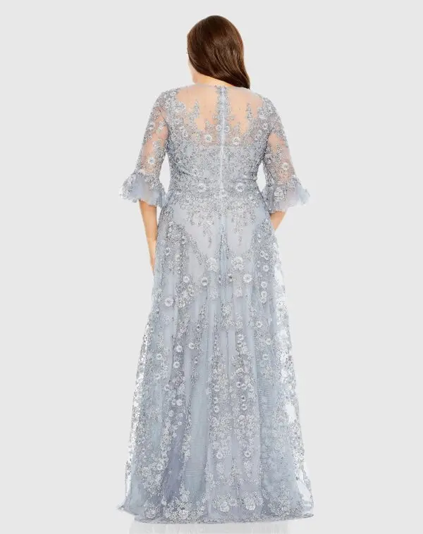 Mac Duggal High Neck Flutter Sleeve Embroidered A-line Gown - Blue