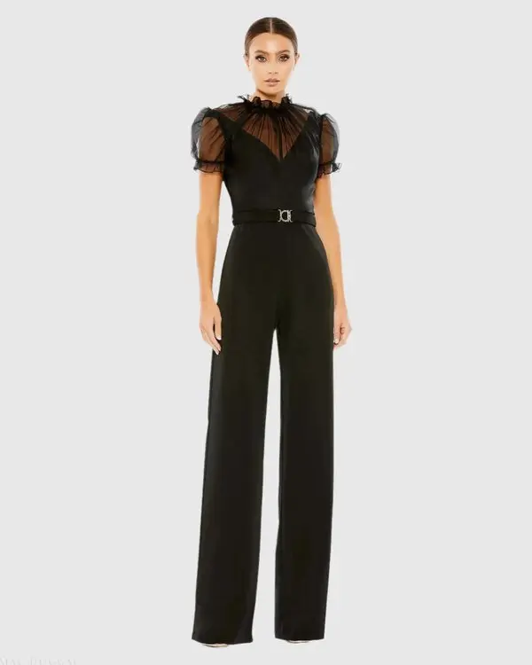 Mac Duggal Belted Illusion High Neck Cap Sleeve Jumpsuit - Black