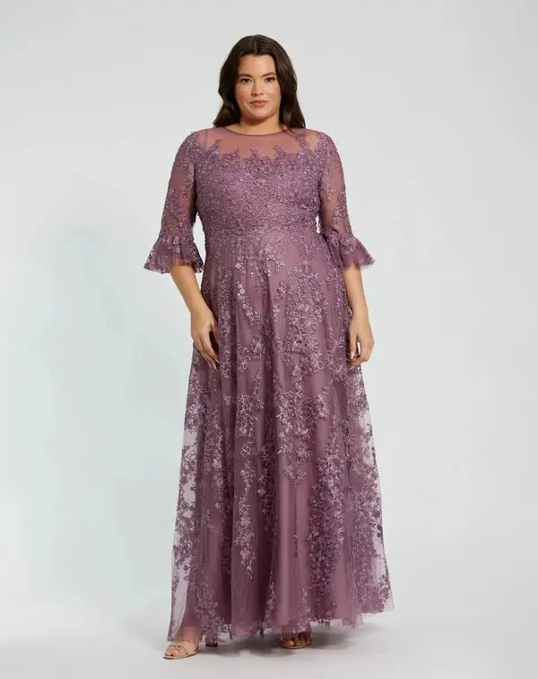 Mac Duggal High Neck Flutter Sleeve Embroidered A-line Gown - Purple