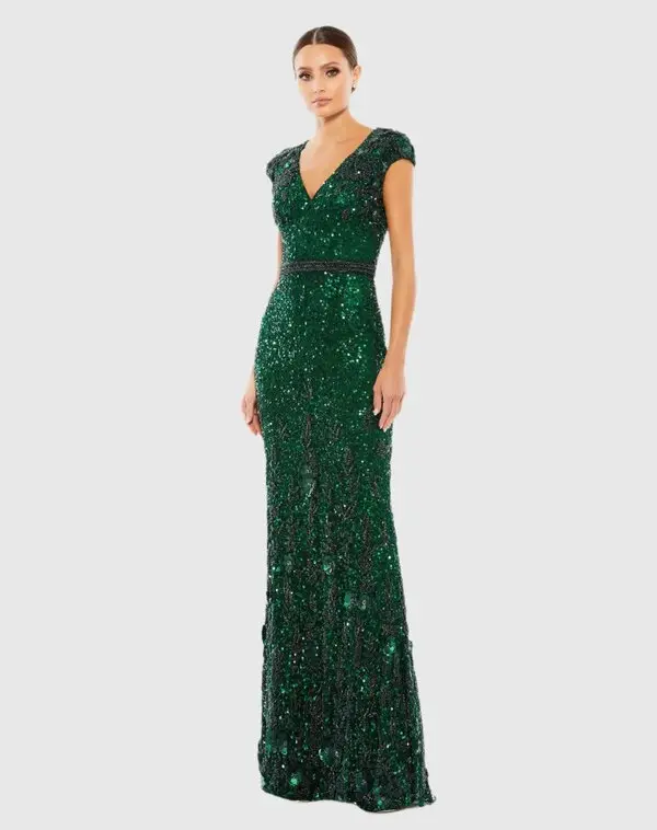 Mac Duggal Embellished V-neck Cap Sleeve Sequin Gown