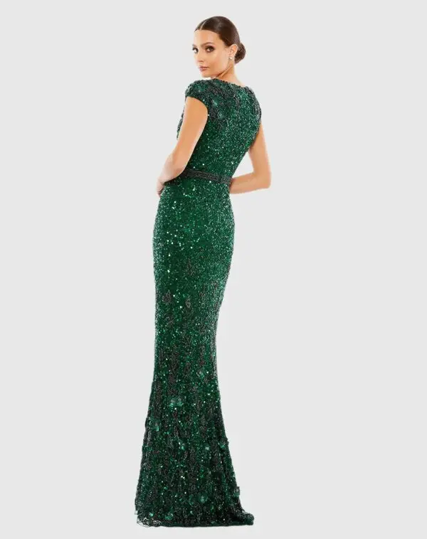 Mac Duggal Embellished V-neck Cap Sleeve Sequin Gown