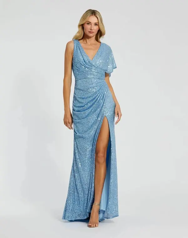 Mac Duggal Sequined Asymmetrical Draped Trumpet Gown - Blue