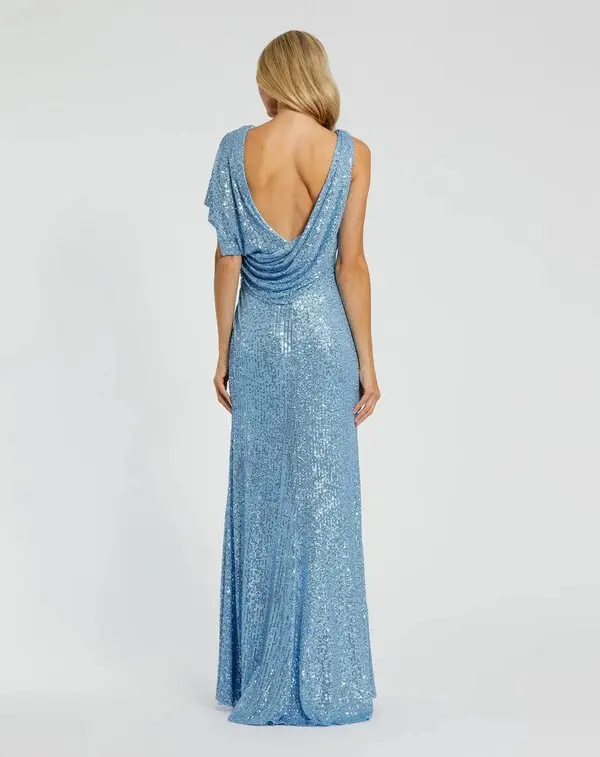 Mac Duggal Sequined Asymmetrical Draped Trumpet Gown - Blue