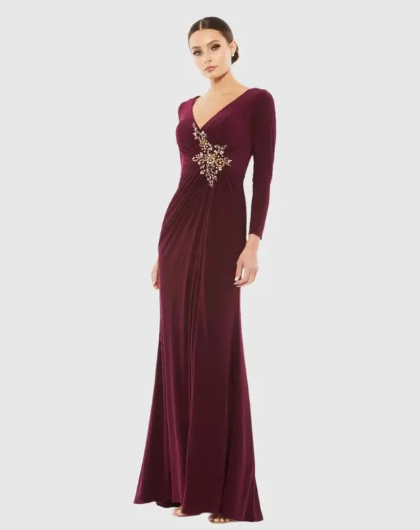 Mac Duggal Long Sleeve Evening Gown With Appliqué Detail - Red