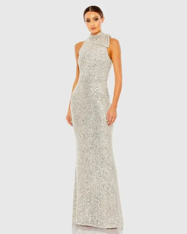 Mac Duggal Sequin Halter Neck Gown - Silver