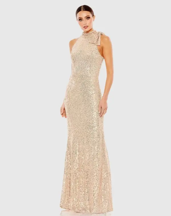 Mac Duggal Soft Tie Halter Neck Sequin Gown - Gold