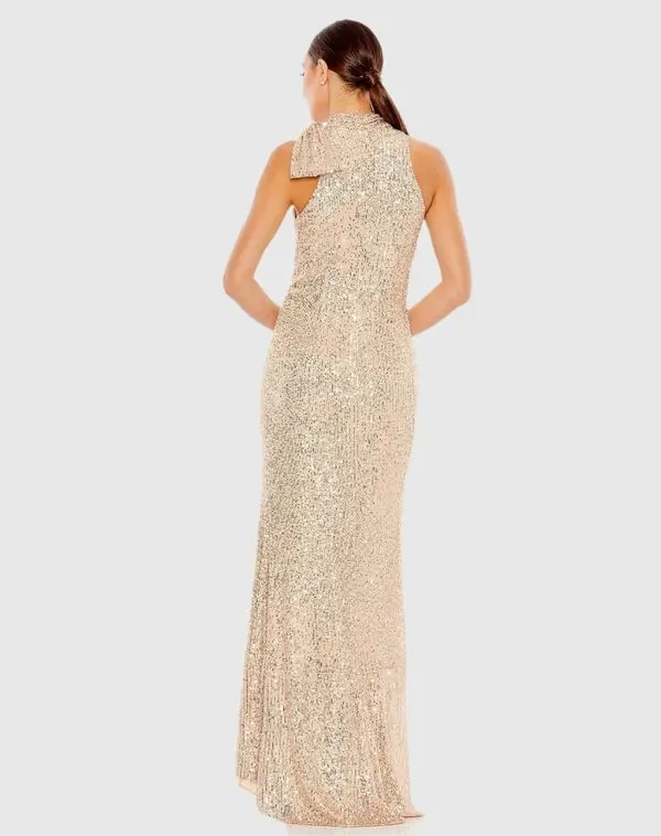 Mac Duggal Soft Tie Halter Neck Sequin Gown - Gold