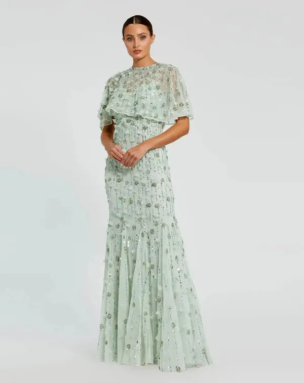 Mac Duggal Embellished Illusion Cape Sleeve Trumpet Gown - Green