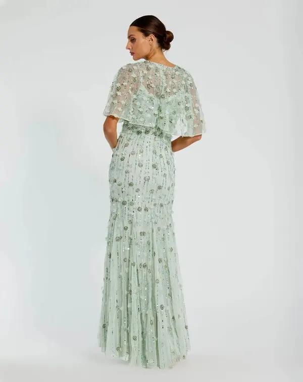 Mac Duggal Embellished Illusion Cape Sleeve Trumpet Gown - Green