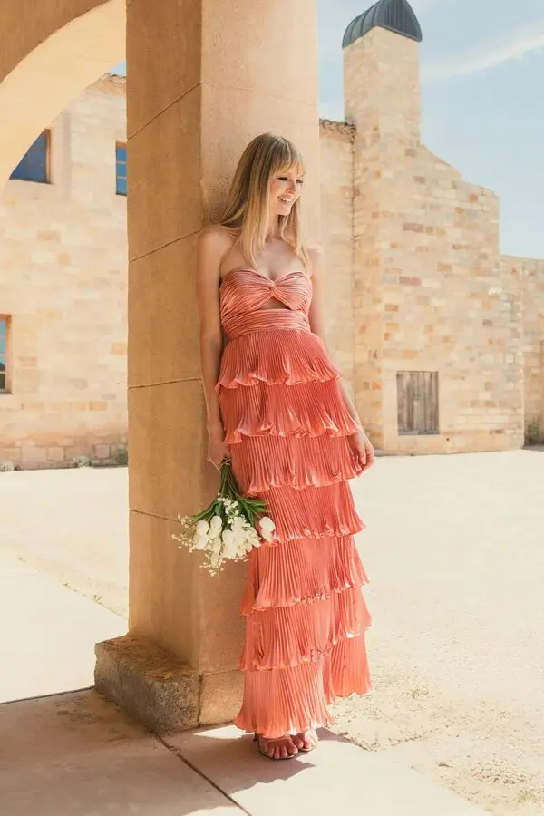 Strapless Pleated Tiered Ruffle Gown