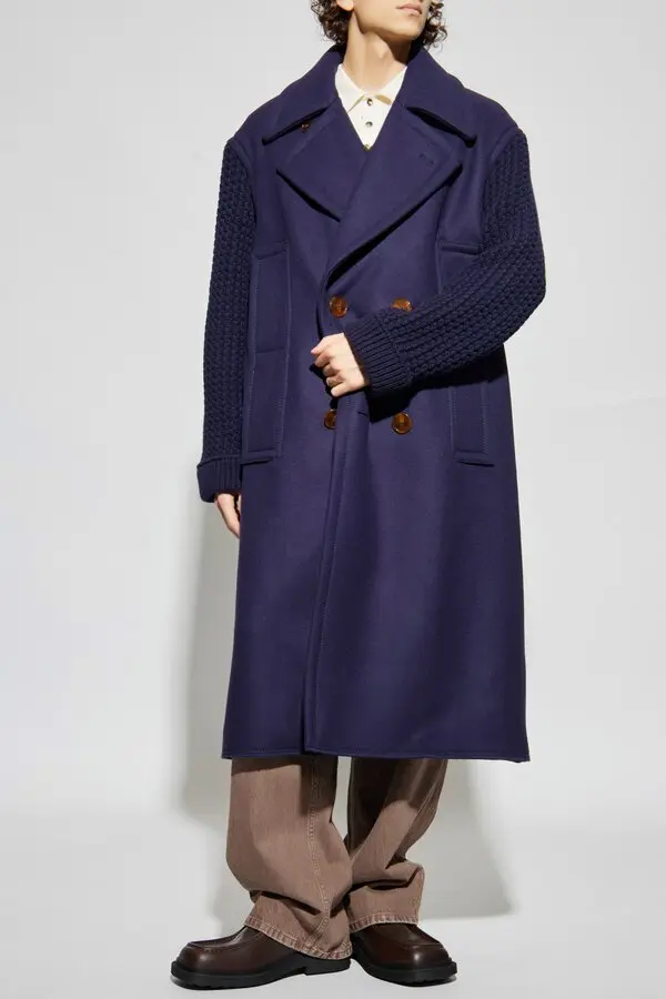 LANVIN Wool Coat With Knit Sleeves