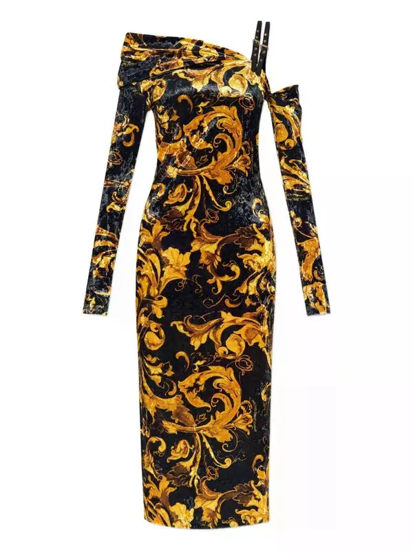 Versace Patterned Off-shoulder Midi Dress - Black