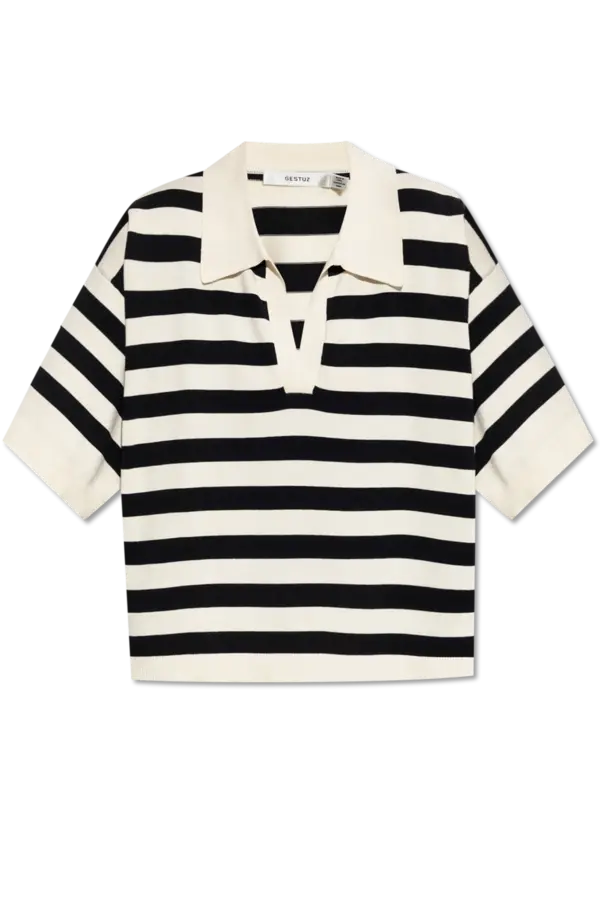 GESTUZ Striped Polo Sweater - White