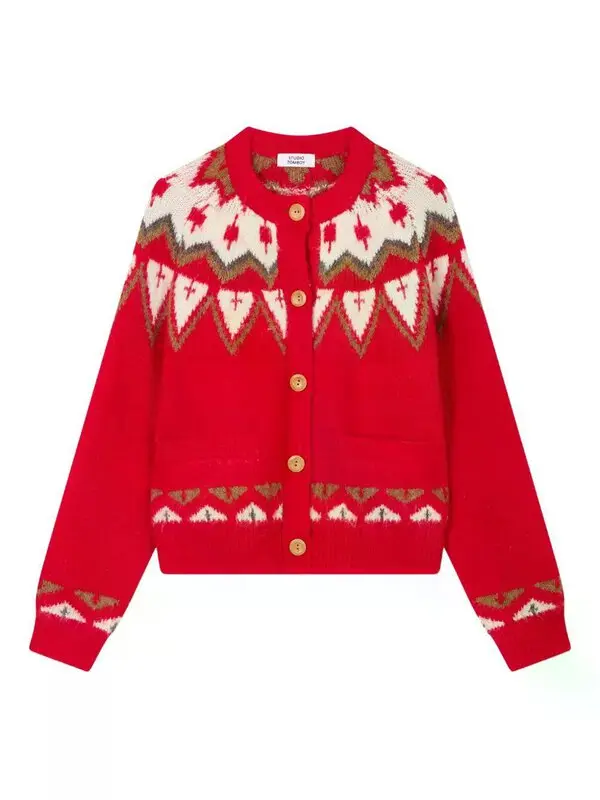 STUDIO TOMBOY Patterned Round Neck Cardigan - Red