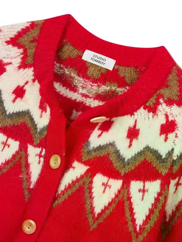 STUDIO TOMBOY Patterned Round Neck Cardigan - Red