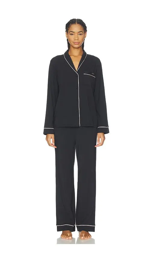 Lunya Slumberknit Shawl Collar Button Down Pant Set - Immersed Black & Delicate Pink