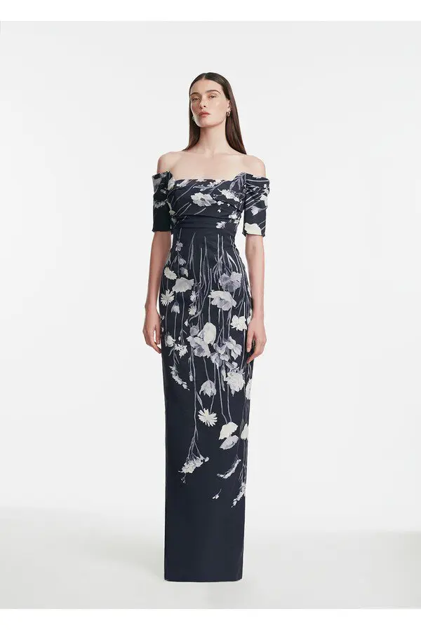 Lela Rose Floral Faille Cuff Sleeve Gown - Navy / Multicolor