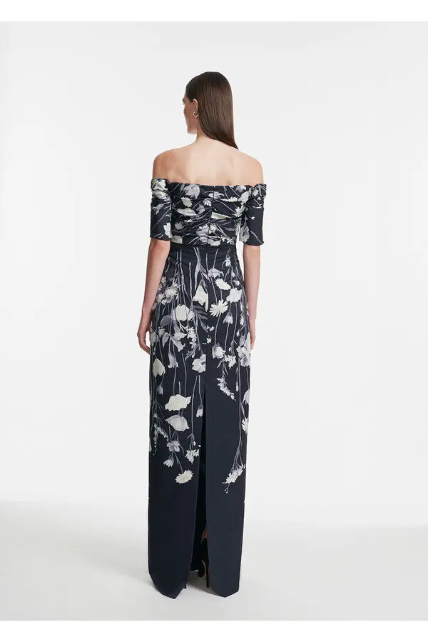 Lela Rose Floral Faille Cuff Sleeve Gown - Navy / Multicolor