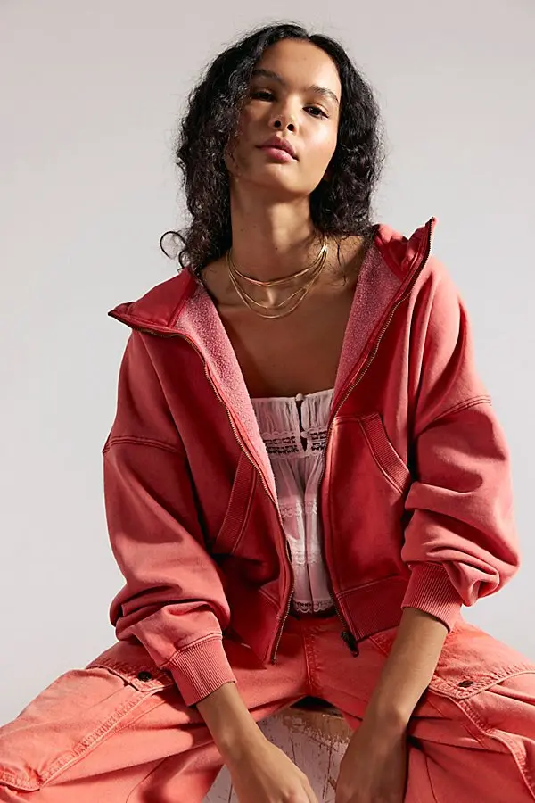 Free People Slouchy Zip-up Hoodie - High Risk Red