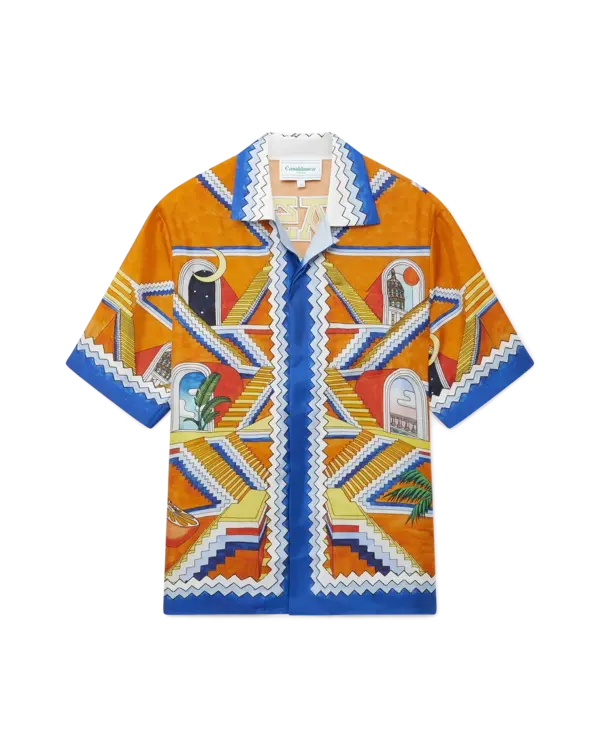 Casablanca Escalier Infini Short Sleeve Silk Shirt - Blue