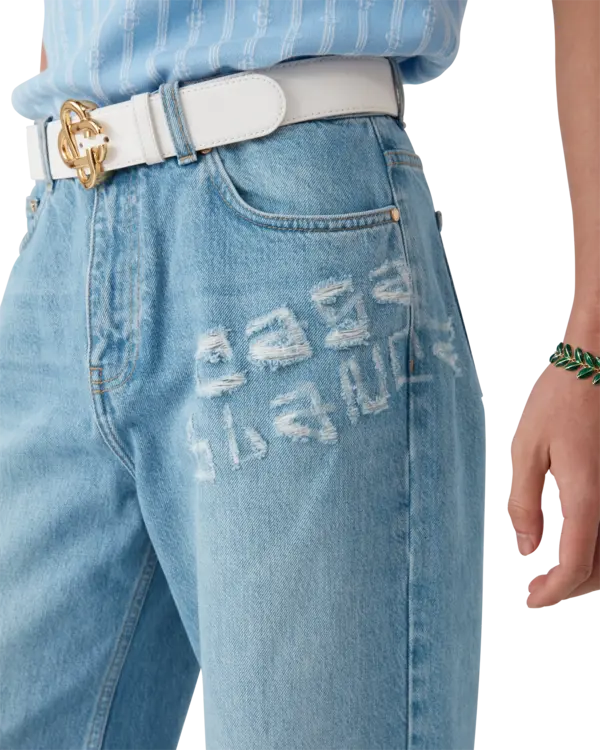 Casablanca Graffiti Distressed Denim Jeans - Light Blue