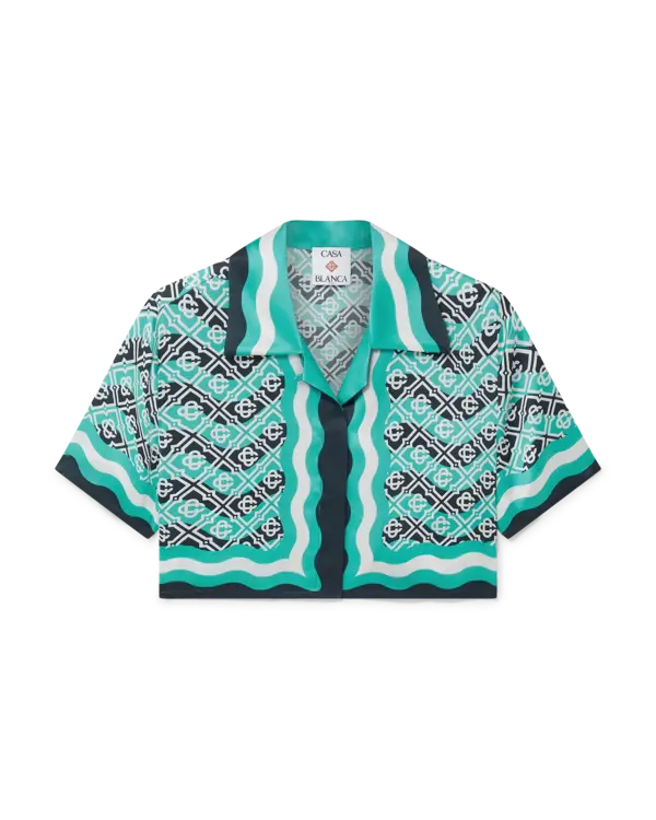 Casablanca Monogram Wave Cropped Short Sleeve Silk Shirt