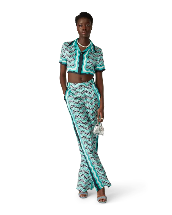 Casablanca Monogram Wave Cropped Short Sleeve Silk Shirt