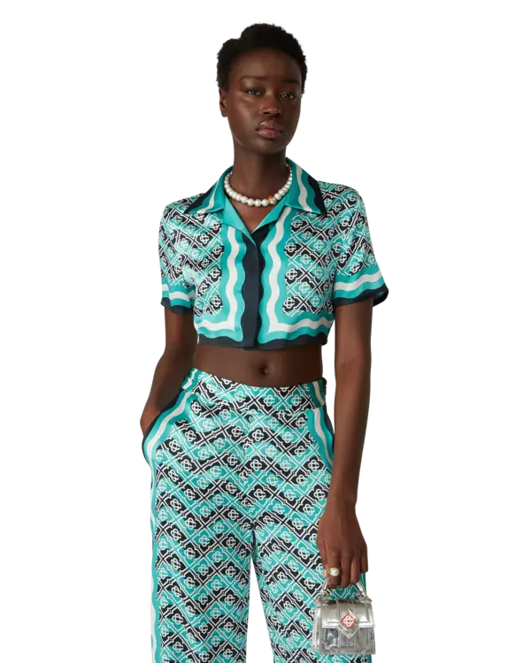 Casablanca Monogram Wave Cropped Short Sleeve Silk Shirt