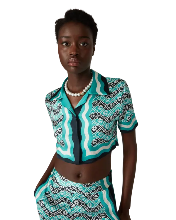 Casablanca Monogram Wave Cropped Short Sleeve Silk Shirt