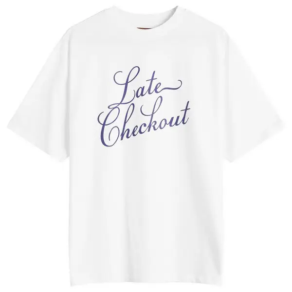 LATE CHECKOUT Blue Script T-shirt - White