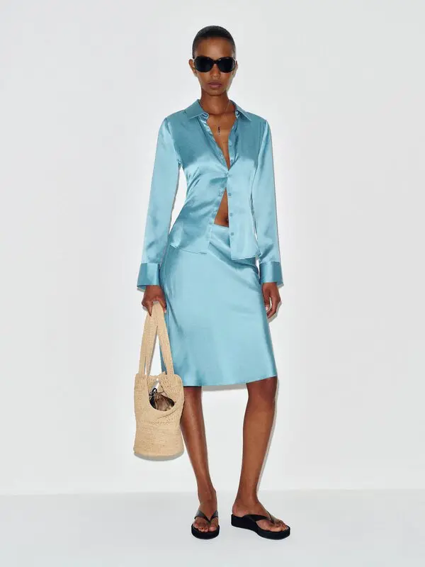 REFORMATION Layla Silk Knee Length Skirt - Blue