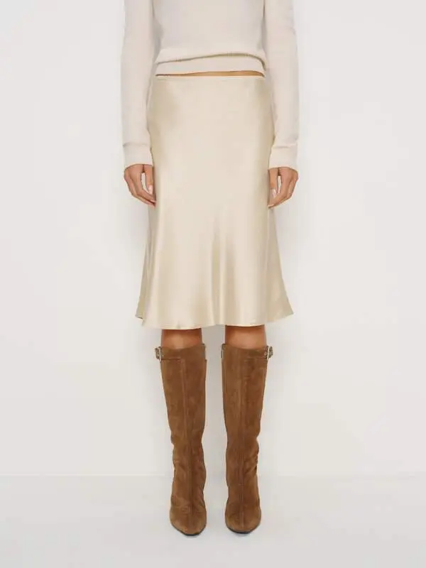 REFORMATION Layla Silk Knee Length Skirt - Ivory
